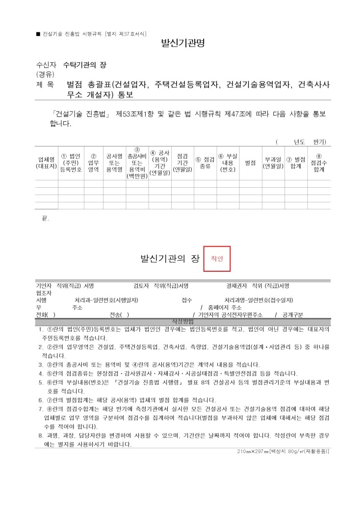 벌점 총괄표건설업자¸ 주택건설등록업자¸ 건설기술용역업자¸ 건축사사무소 개설자 통보 네이버 블로그